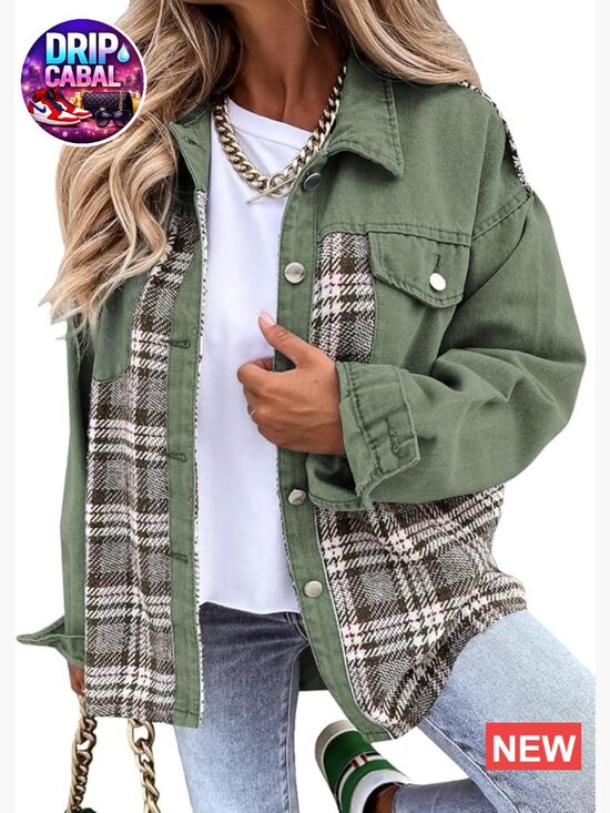 Jackets & Coats | Oversized Denim Jacket Long Sleeve Button Down Plaid ...